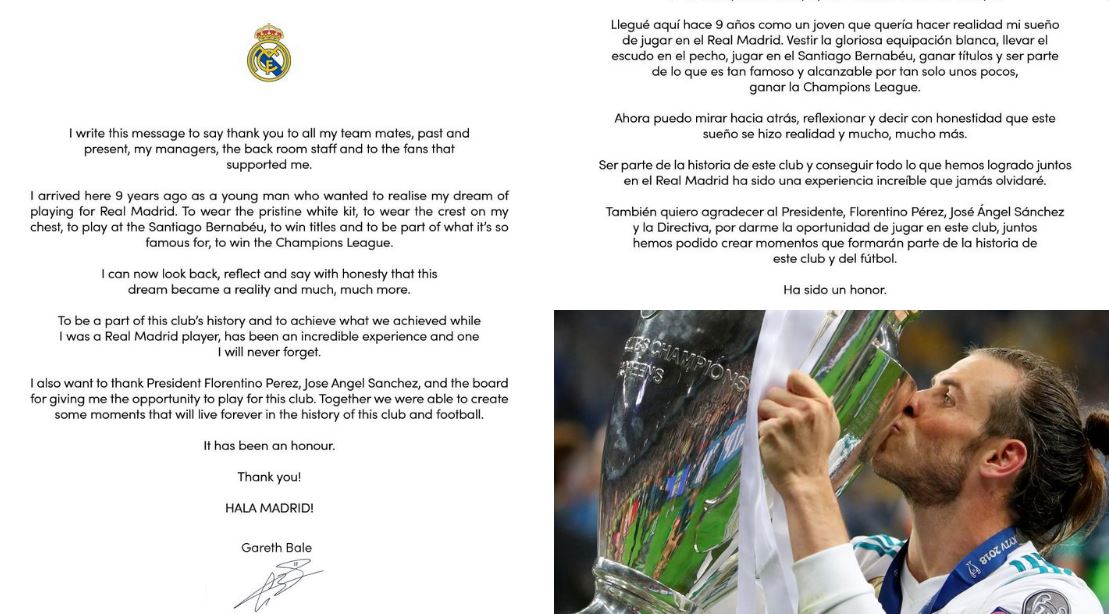 Gareth Bale sends emotional farewell message to Real Madrid ...